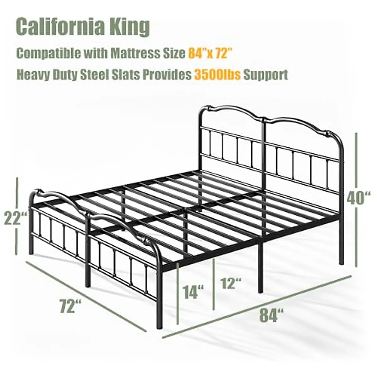 Cleaniago California King Bed Frame with Headboard and Footboard, Vintage Style, Steel Slats, 14 Inch High and 3500 Pounds Weight Capacity, No Box Spring Needed Platform, Easy Assembly—Black