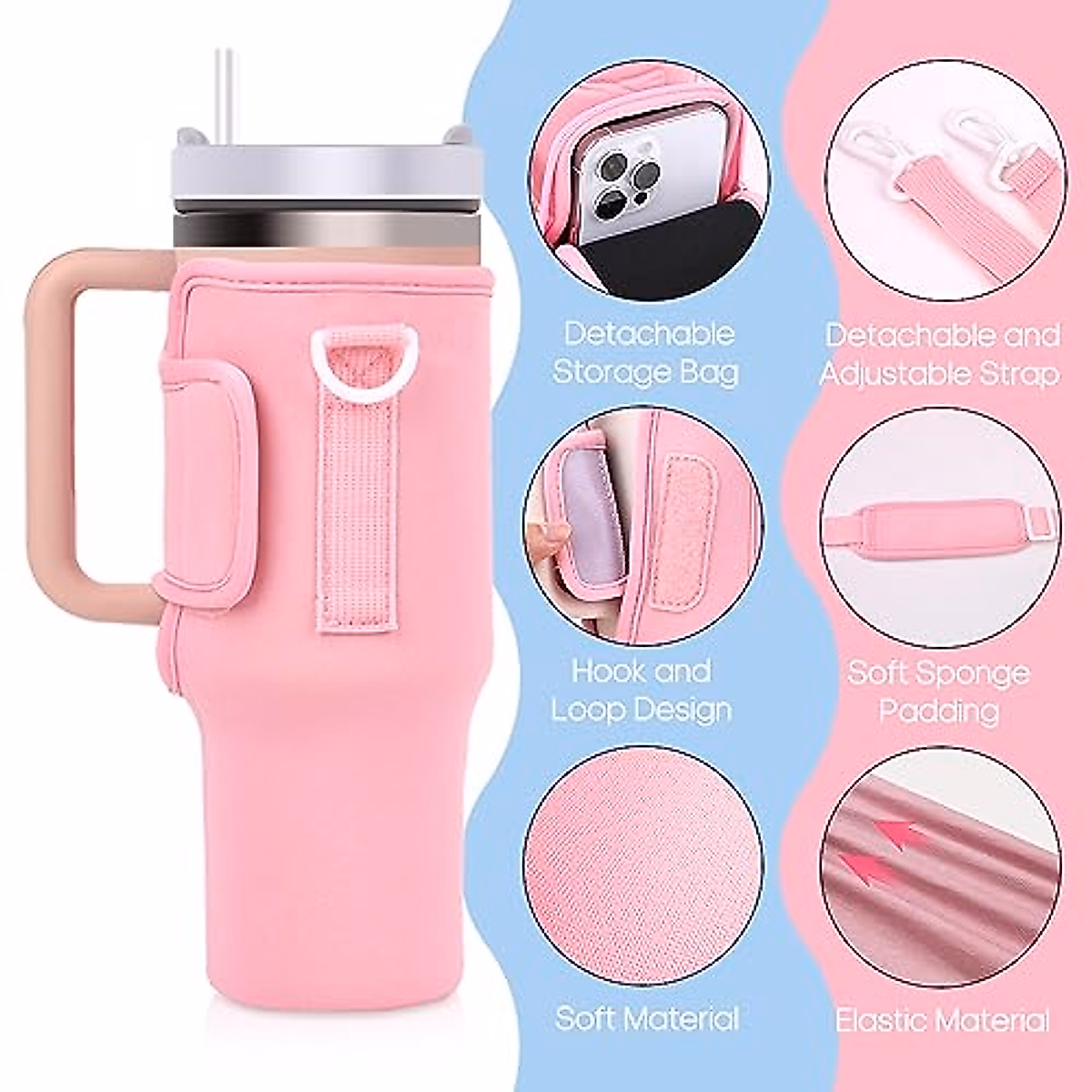 Water Bottle Carrier Bag with Pouch Compatible with Stanley 40oz Tumbler with Handle, Water Bottle Pouch for Stanley Quencher H2.0 Flowstate, Stanley Adventure Quencher, Simple Modern 40 oz Tumbler