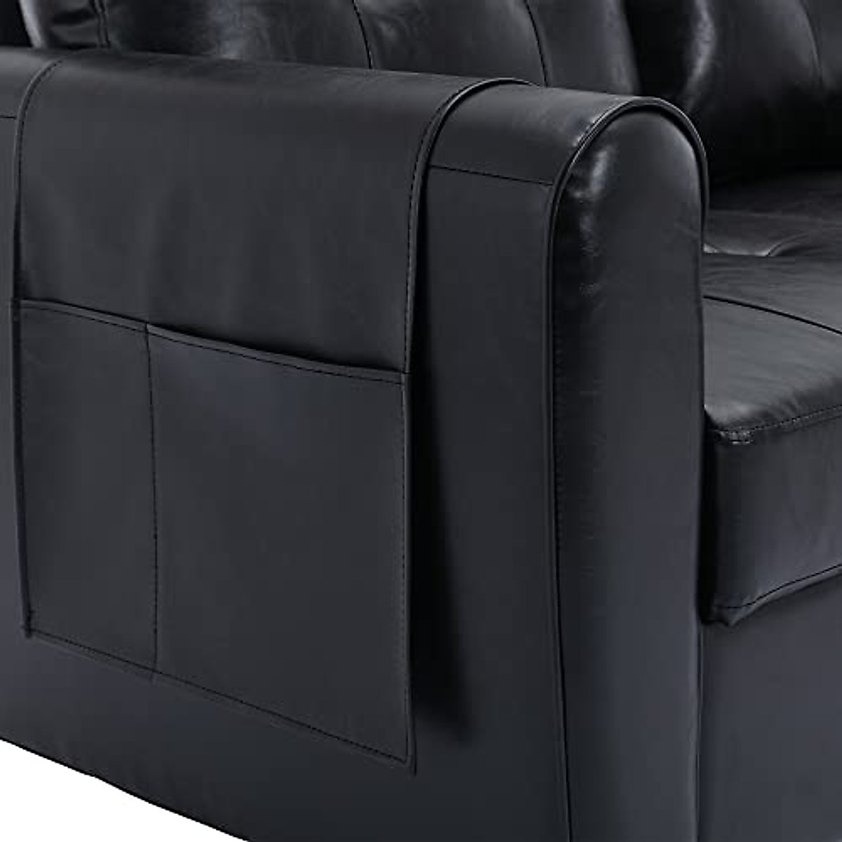 FANYE L-Shaped Corner Sectional Reversible Storage Chaise, Modern Convertible Sofa & Couch W/Headrest and Cupholders for Home Apartment Office Living Room, Black PU Leather