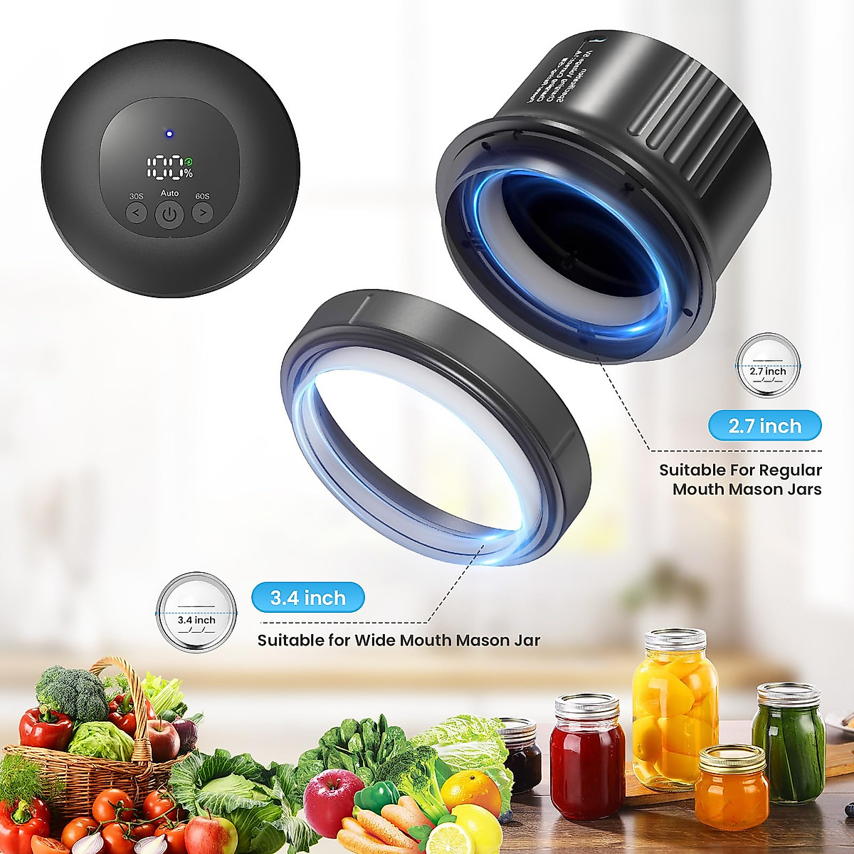 Mason Jar Vacuum Sealer, Upgrade 3-in-1 Mason Jar Vacuum Sealer Kit for Wide Mouth and Regular Mouth Mason Jars, Automatic Vacuum Sealer for Jars Food Storage, Vacuum Bags, Can Opener