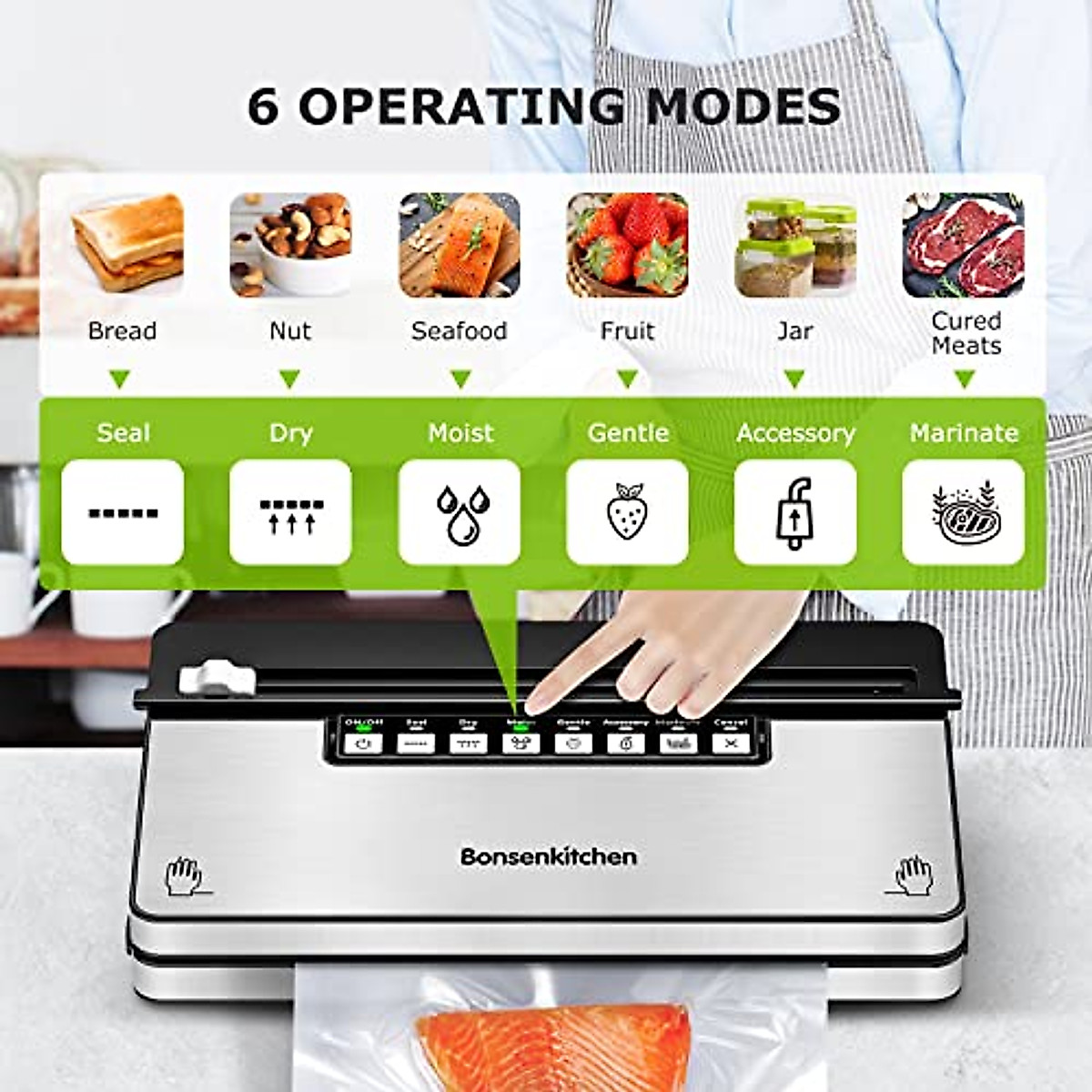 Bonsenkitchen Vacuum Sealer Machine, Stainless Steel Vacuum Food Sealer with 8-in-1 Vacuum Sealing System, 6 Food Vacuum Modes, Built-in Cutter and Bag Storage, Compact Design w/Starter Kit