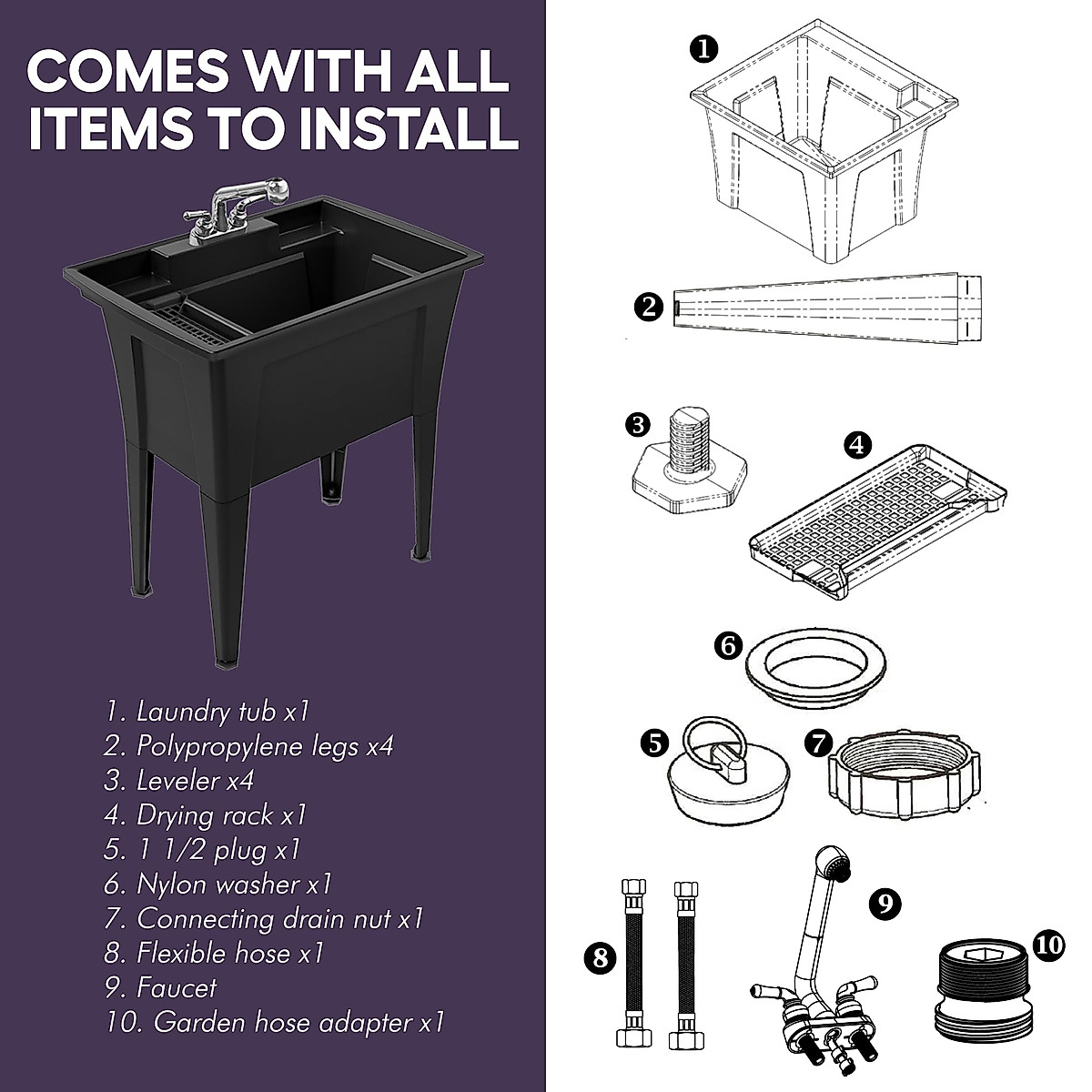 Utility Sink with Two-Handle Chrome plastic Faucet – 32” Utility Sinks for Laundry Room, Garage, Garden, Basement – Noah William Home Indoor and Outdoor Polypropylene Basement Wash Tub (Black)