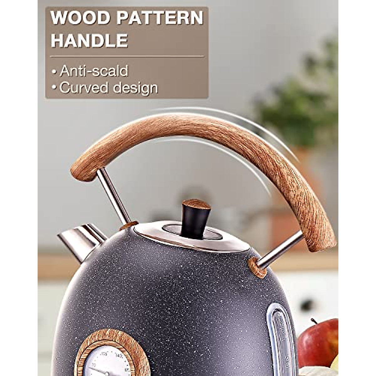 Electric Kettle - 1.7L Retro Tea Kettles for Boiling Water, Nature Stone Finish SMOLON Hot Water Boiler Teapot with Wood Pattern Handle, Food Grade Stainless Steel, Temperature Control, Auto Shut-off