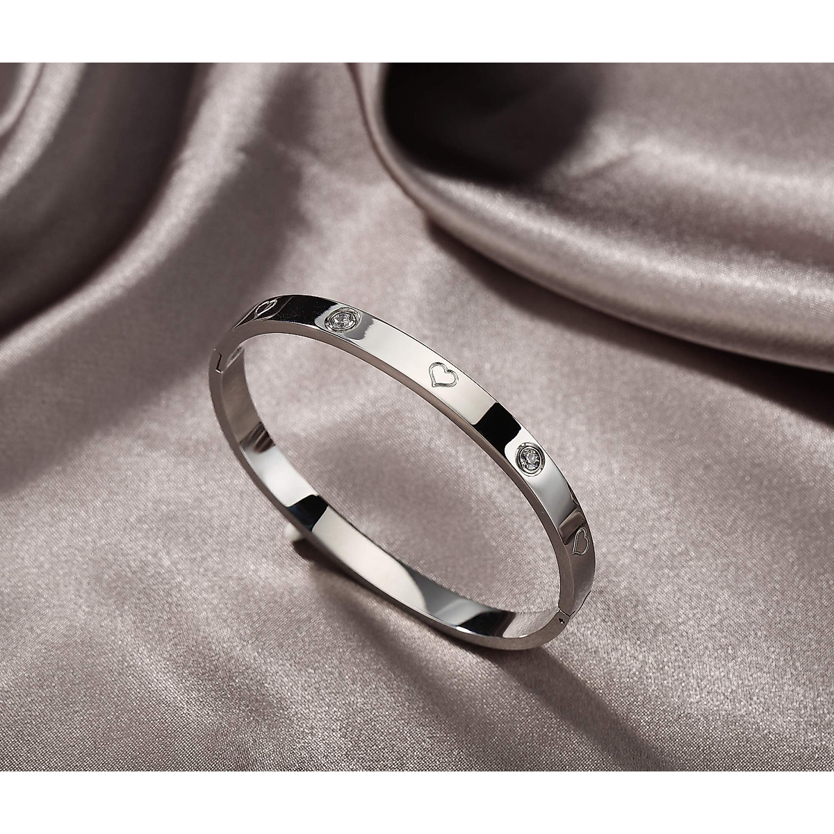 MVCOLEDY Valentines Day Gifts Jewelry Gold/White Gold Plated Bangle Bracelet Heart Stone Stainless Steel with Crystal Bangle Bracelets for Women Jewelry Size 6.7 Inches (Gold and Silvery)