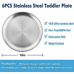 HaWare 6-Piece 18/8 Stainless Steel Plates, Metal 304 Dinner Dishes for Kids Toddlers Children, 10 Inches Feeding Serving Camping Plates, Reusable and Dishwasher Safe