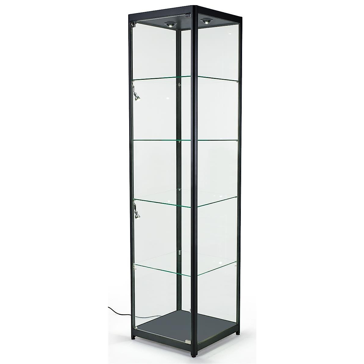 Displays2go Glass Showcase Towers, Tempered Glass Shelves, LED Lighting – Clear, Black (LESC5578BK)