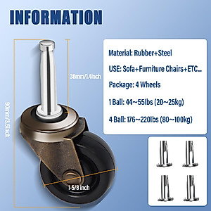 Podoy Antique Casters Wheels 1-5/8-Inch with Stem Socket Replacement for Furniture Chairs Small Sofa Office Decorative Casters Use for All Hardwood Floor (Set of 4)