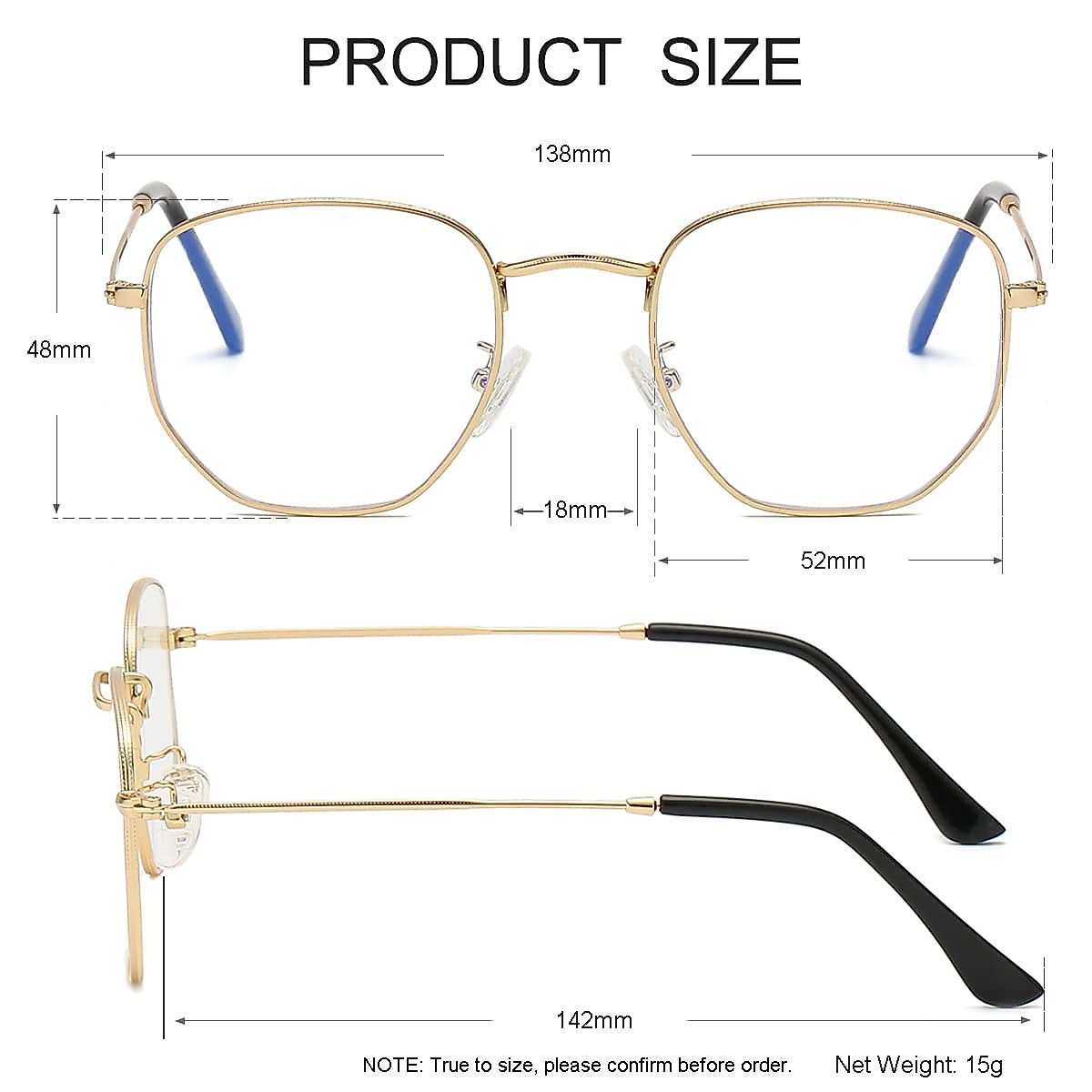 JOVAKIT Polygon Blue Light Blocking Glasses for Women Men Fashion Vintage Small Square Non-prescription Metal Eyeglasses (Gold)