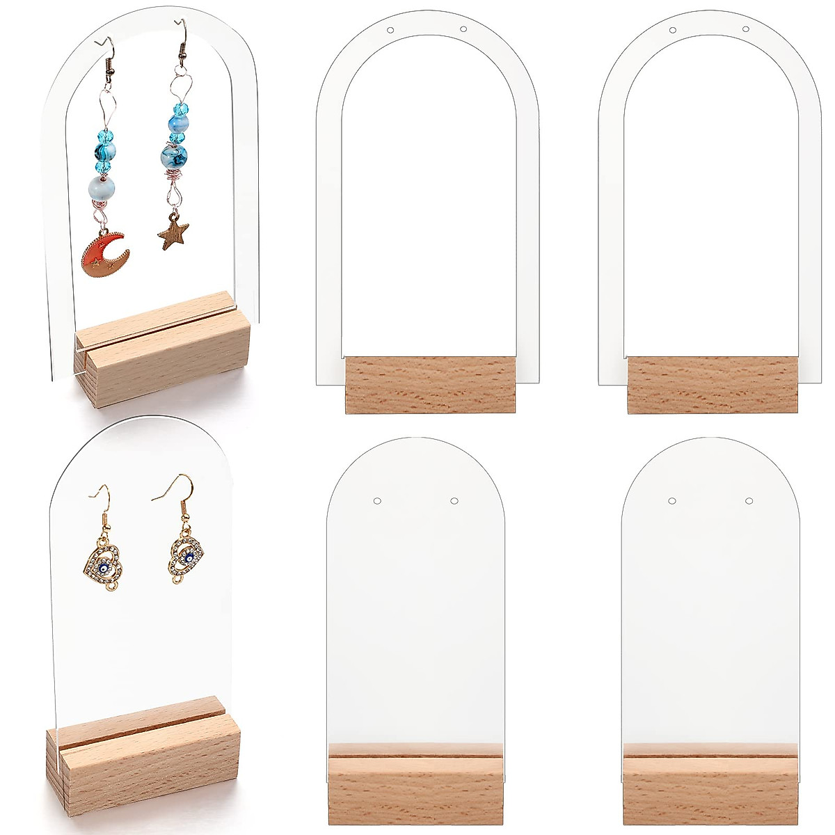 Yulejo Acrylic Earring Display Stand Jewelry Retail Holder Arch Acrylic Earring Holder Solid Hollow Acrylic Sign Stand Jewelry Displays with Wooden Bases for Studs Dangle Earrings (12)