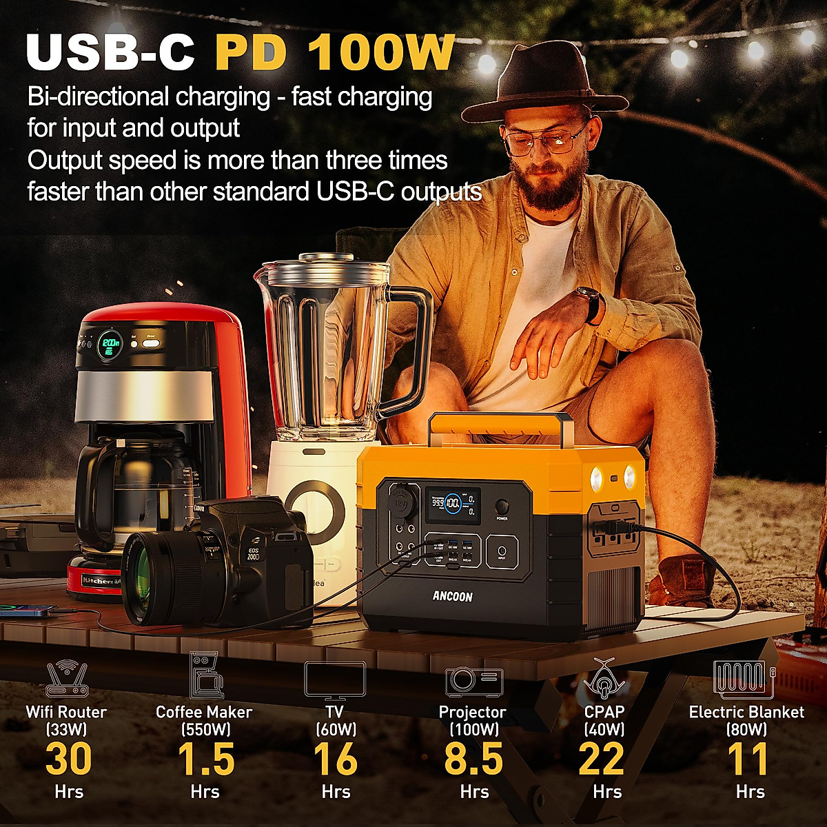 ANCOON Portable Power Station 999Wh, 1200W (Peak 2400W) 3*AC Outlets, 100W USB-C PD Fast Charging Input/Output, Lithium Battery Solar Generator for Home Backup, Outdoor Camping, RVs, Emergency, CPAP