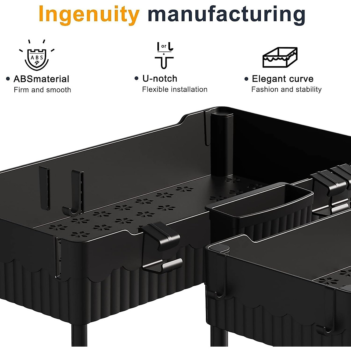 2 Pack Under Sink Organizer, Warmodern 2 Tier Bathroom Organizer Under Sink, Kitchen Cabinet Organizers and Storage Baskets with 16Hooks and 4 Hanging Cups, Multifunction Bathroom Under Sink Organizer