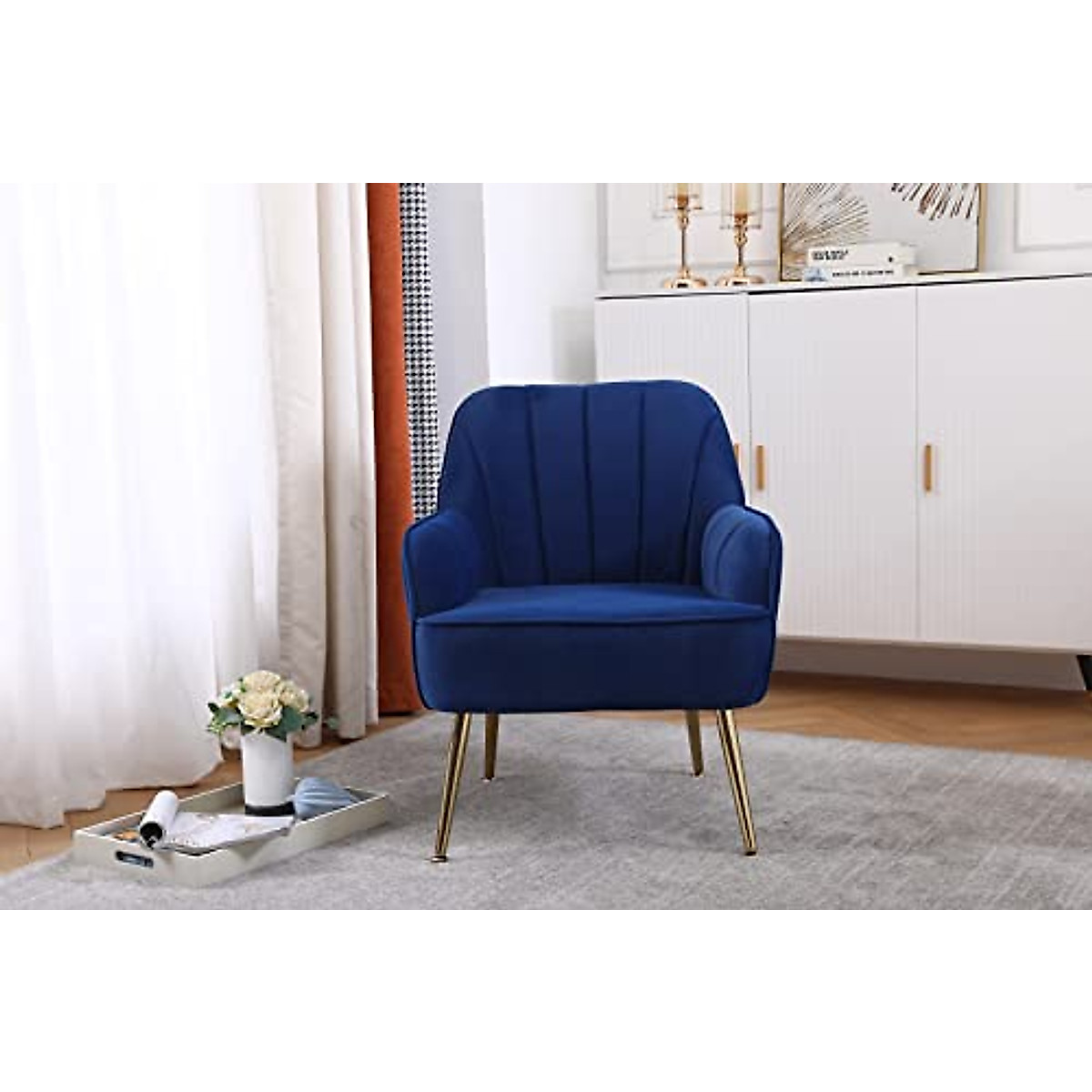 Goujxcy Modern Accent Chair, Velvet Living Room Chair, Club Chair Upholstered Tufted Decorative Reading Chair, Corner Side Chair, Vanity Chair for Bedroom, Living Room (Navy Blue)