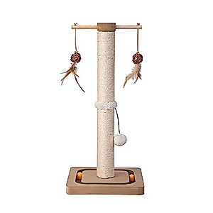 PEEKAB Cat Scratching Post Premium Sisal Toll Scratch Posts with Tracking Interactive Toys Vertical Scratcher for Indoor Cats and Kittens- 25 inches Beige