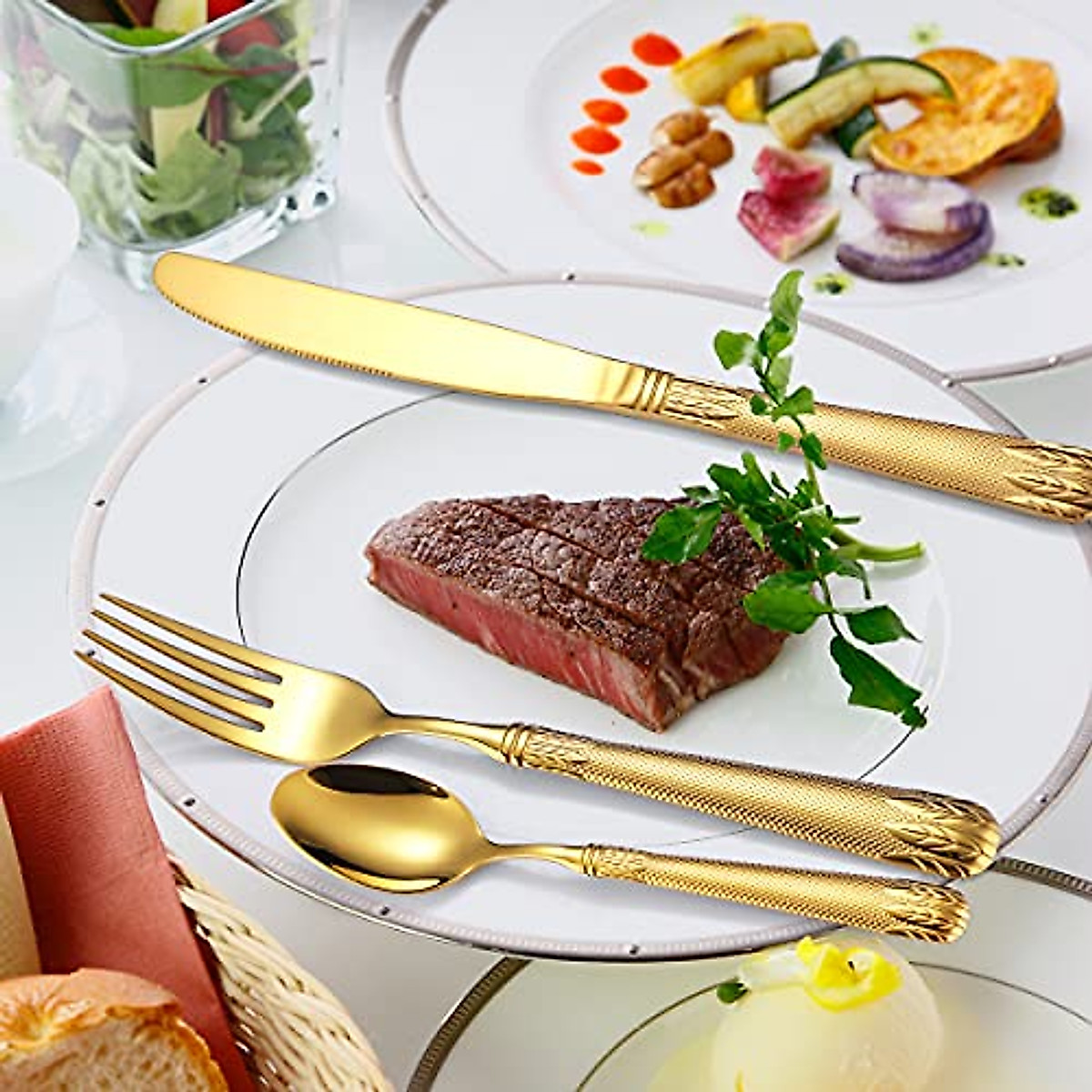 Silverware set Service for 8 Flatware Gold Hammered Handle Retro Golden Relief Plating Cutlery 18/10 Stainless Steel Kitchen,Home,Restaurant,Small Business 32piece