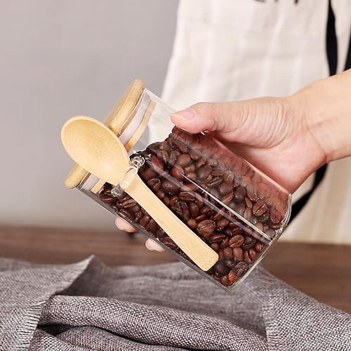 SAIOOL Glass Jars Set of 3 * 15 OZ-Food Storage Containers Clear Kitchen Canister with Bamboo Spoon Airtight For Serving Candy,Coffee Tea, Flour, Sugar, Cookie, Cereal(Square