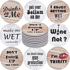 ENKORE Novelty Coasters Set of 8 Funny Quotes - Hilarious Party Conversation Starter, Housewarming Gift for Guy or Badass- X Large 4.3" Marble Finish with Cork Back fit All Drink Glass and Table Types