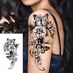 32pcs Black Rose Flower Temporary Tattoo Sticker For Women,Multiple Floral Pattern Designs(7.5X3.8 inch)