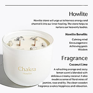 Hidden Label 12oz Howlite Quartz Coconut Lime Crystal Candle, 2 Wood Wicks Scented Crackling Candles, Chakra Collection Meditation Healing Candles with Crystals Inside