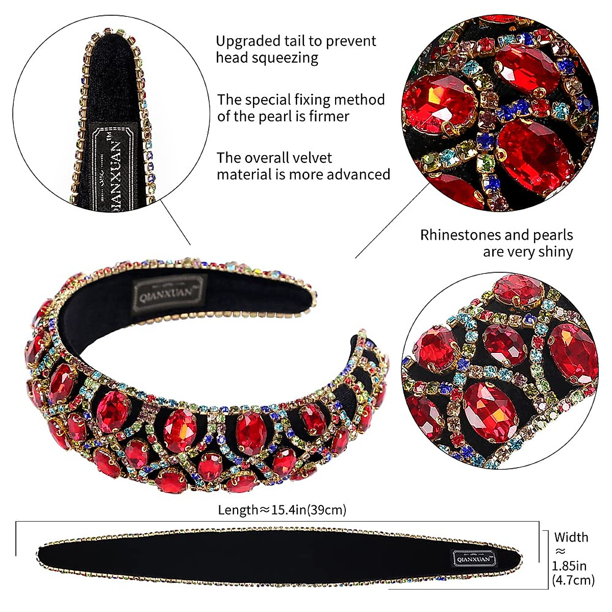 QIANXUAN Crystal Rhinestone Headbands For Women White Pearl Headbands For Girls Padded Headband Black Velvet Jewelry Chain Hairband Handmade Pearly Flower Retro Filling Diamond