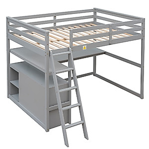BIADNBZ Full Size Loft Bed with Long Desk, Two Drawers and Shelves Storage, Wooden Versatile LoftBed Frame for Teens Adults Bedroom Apartment, Gray