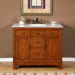 Silkroad Exclusive HYP-0911-CM-UWC-42 Countertop Cream Marble Stone Single Sink Bathroom Vanity with Bath Cabinet, 42", Medium Wood