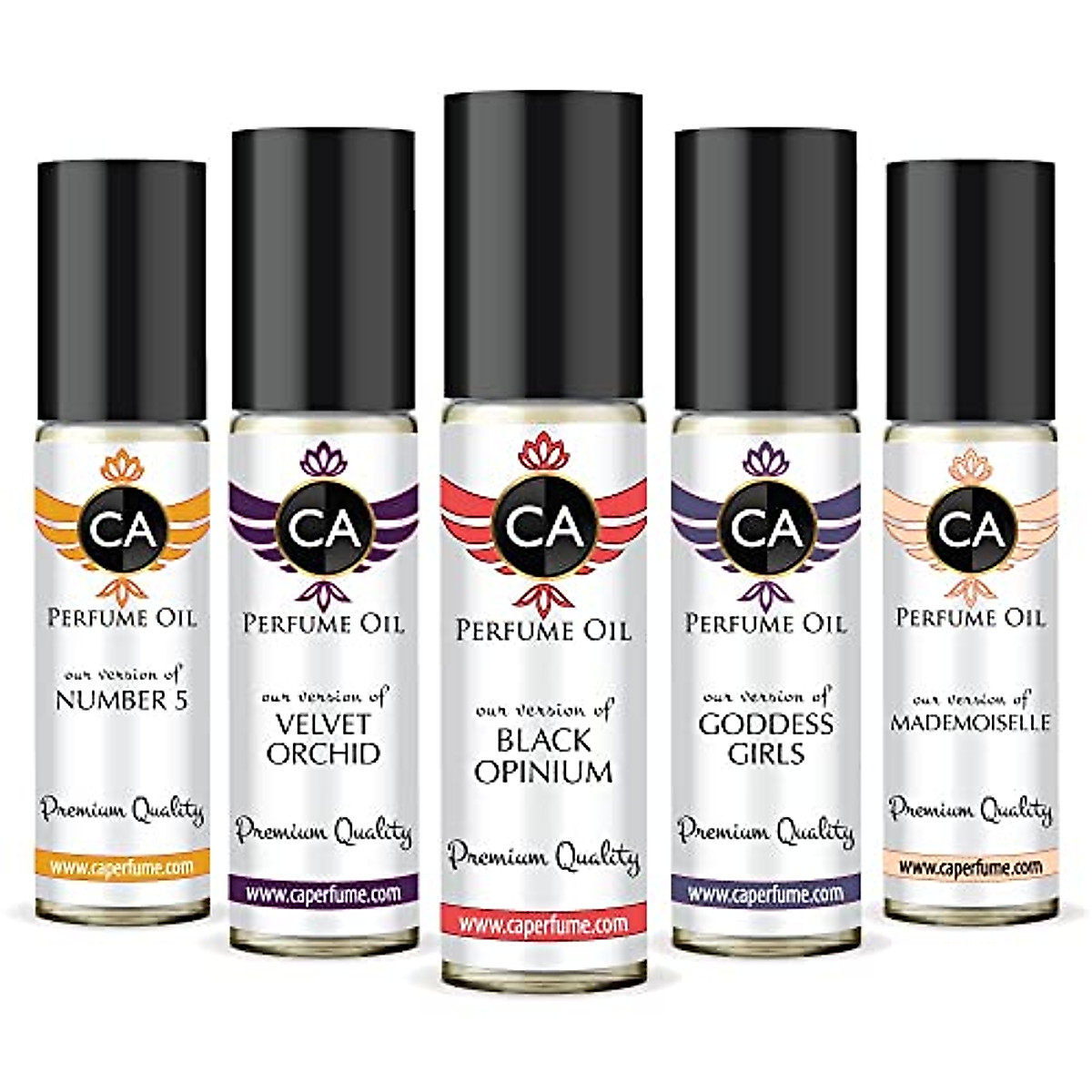 CA Perfume All Time Classic Women Set Impression of (Number 5 + Velvet Orchid + Black Opinum + Goddes Girls + Modemoiselle) Fragrance Body Oils Essential Travel Size Roll-On (0.3 Fl Oz/10 ml) x5