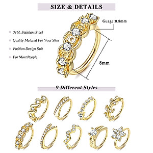 UBGICIG 9Pcs 20G Stainless Steel Nose Rings Hoop for Women Men Paved CZ Cute Cartilage Helix Earrings Hoop Body Piercing for Nose Ear Gold Silver Plated (Gold)