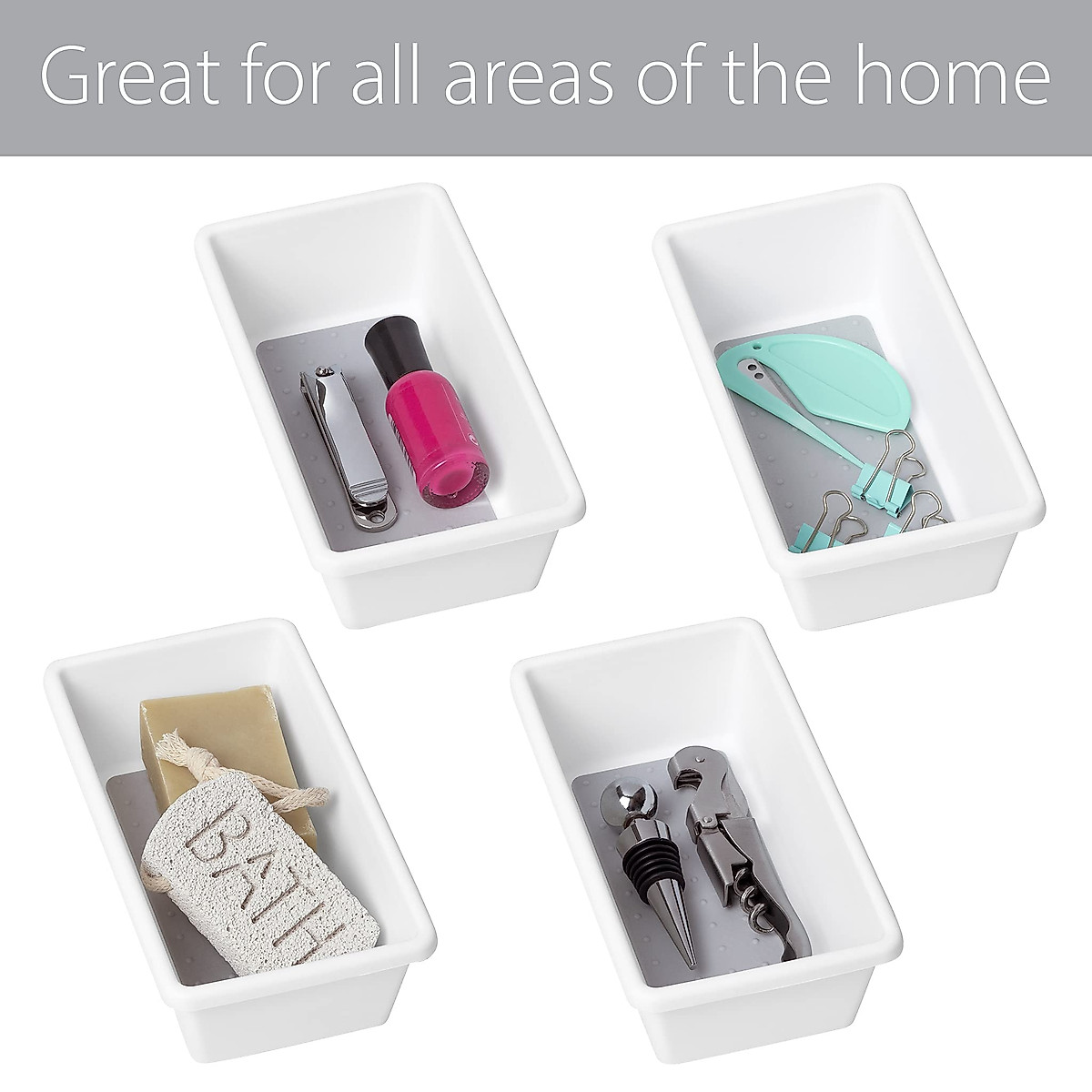 Smart Design Plastic Drawer Organizer - 5 Compartment - Non-Slip Lining and Feet - BPA Free - Utensils, Flatware, Office, Personal Care, or Makeup Storage - Kitchen - White with Gray