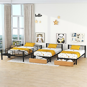 Triple Bunk Bed Metal Full Over Two Twin Beds with Storage Drawers and Shelf Detachable 3 Bed Bunk Bed Frame with Ladder for Kids Boys Girls Teens, Can Bed Divided into Three Separate Beds, Black
