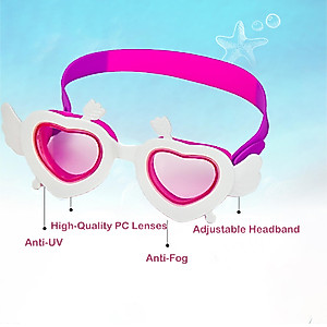 Kids Swim Goggles, Swimming Goggles for Boys Girls Kid Toddlers Age 2-14, Fun Cute Pink Heart Swim Eyewear Protection Glasses for Children Youth Pool