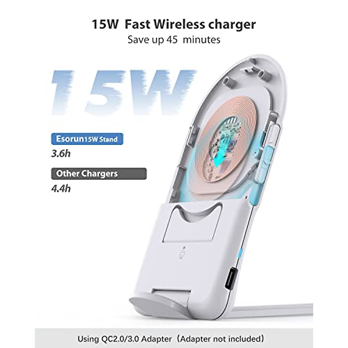 Foldable Wireless Charging Stand,15W Fast Wireless Charger and Charging Pad for iPhone 14/13 Pro Max/12/11/8 Plus/X/XR/XS/Mini/SE, Pixel 6/5,Samsung S21 Ultra/20/10/ Note 10 and AirPods(No Adapter)