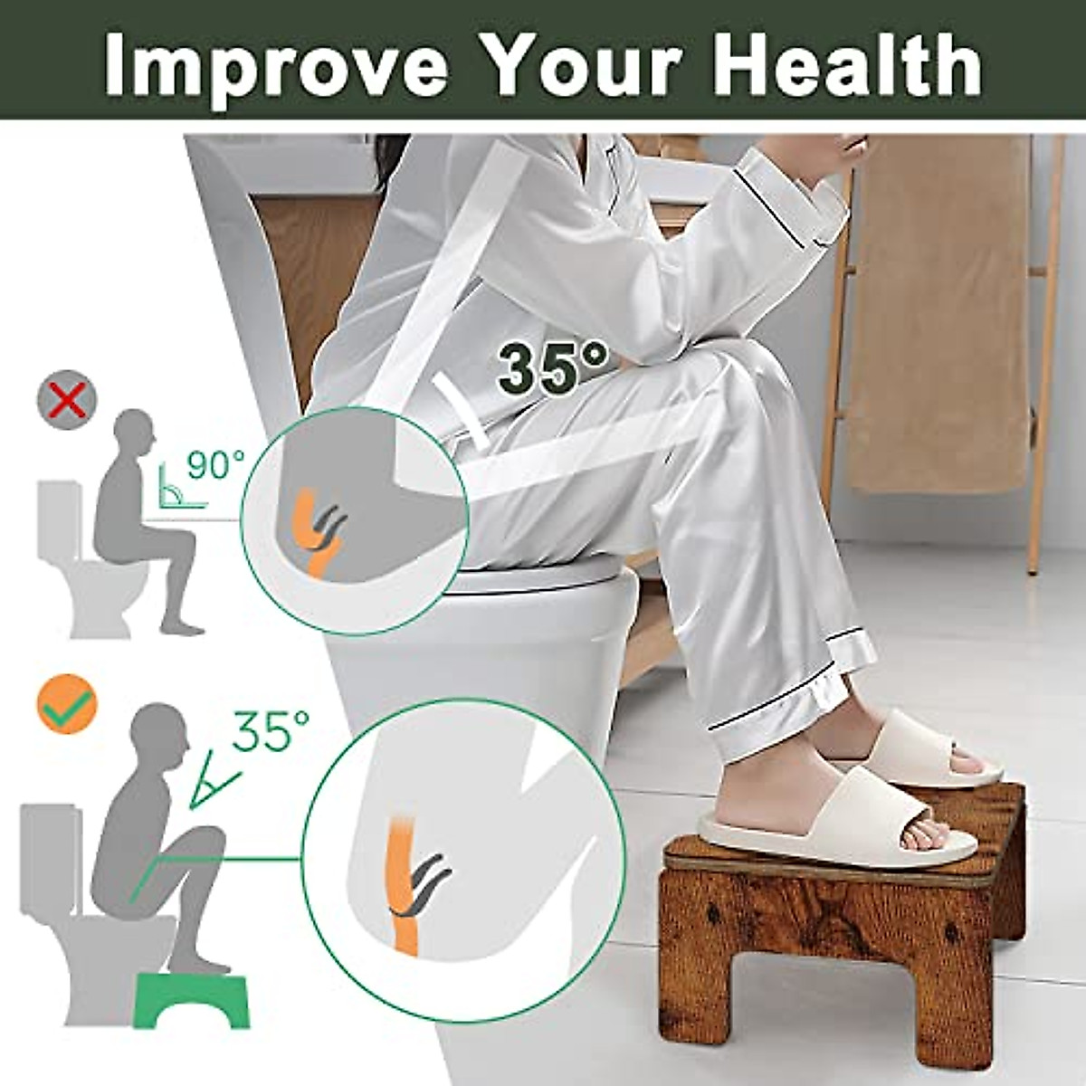AmazerBath 7 Inches Folding Toilet Stool for Adults, Rustic Brown Wooden Collapsible Poop Stool with Anti-Slip Strip, Pooping Stool for Bathroom