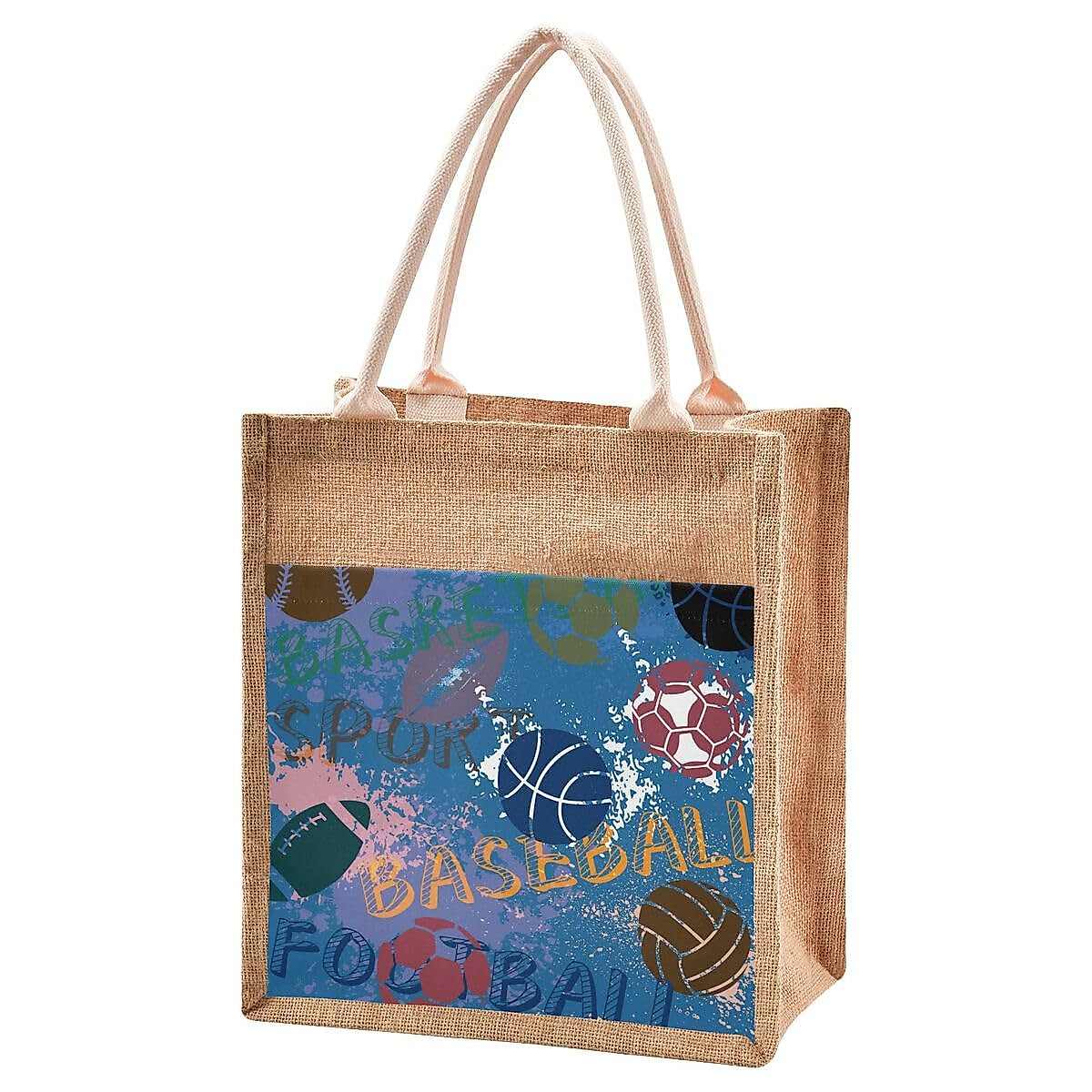 Jute Burlap Tote Bag Navy Cute Basketball Sports Football Volleyball Large Capacity Reusable Grocery Shopping Storage Bag