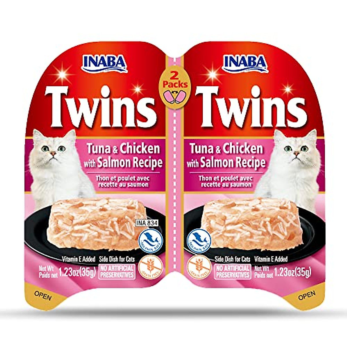 INABA Twins for Cats, Grain-Free Shredded Chicken & Broth Gelée Side Dish/Complement/Topper Cups, 1.23 Ounces per Serving, 19.68 Ounces Total (16 Servings), Tuna & Chicken with Salmon Recipe