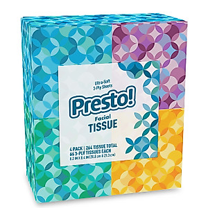 Amazon Brand - Presto! Ultra-Soft Facial Tissues, 3-Ply Premium Thick, 264 Count (4 Packs of 66)