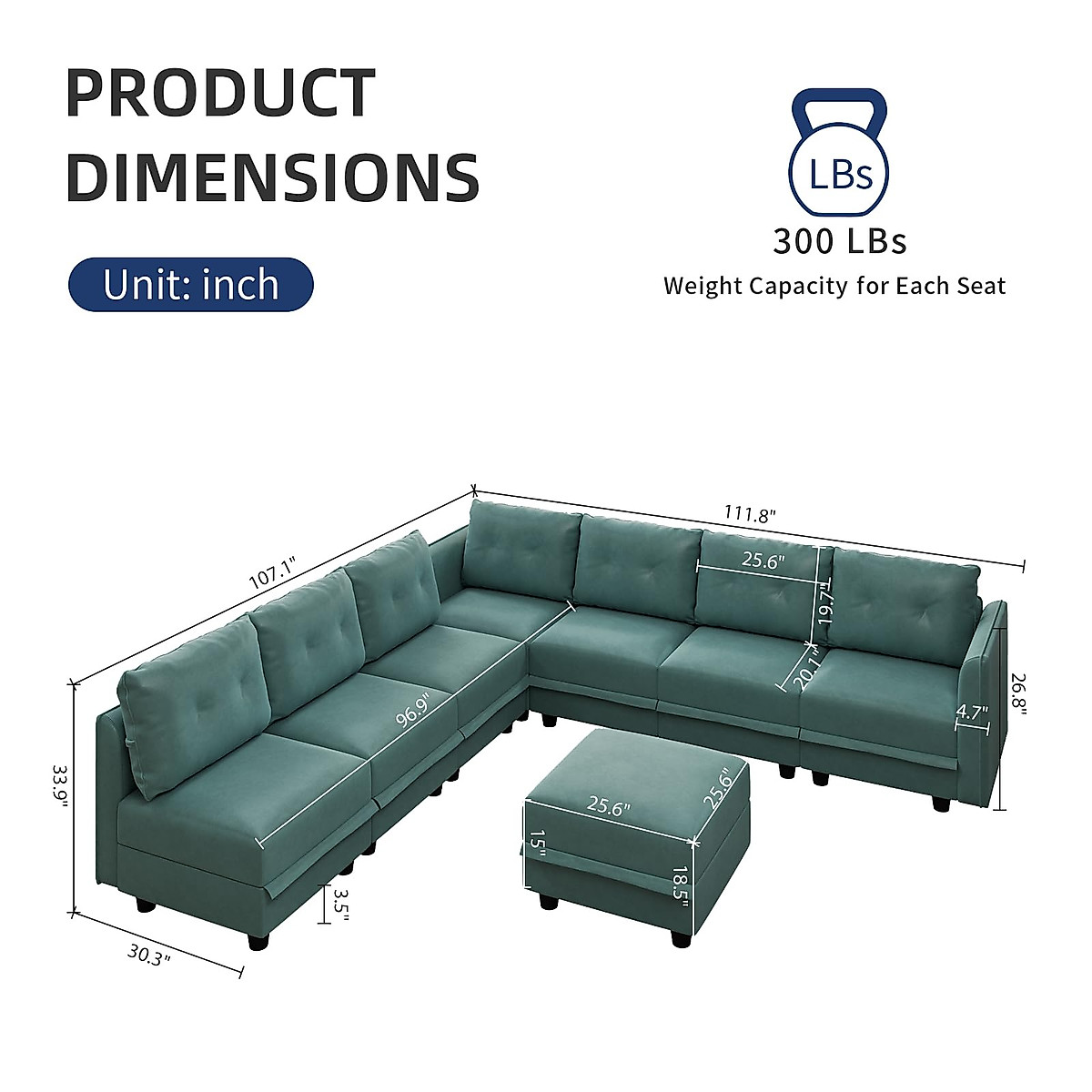 LLappuil Modular Sectional Sofa, Convertible L Shaped Sectional Couch with Storage, Faux Leather Fabric, Modular Sectionals with Chaise, 7 Seats with Ottoman Sofas for Living Room, Aqua Blue