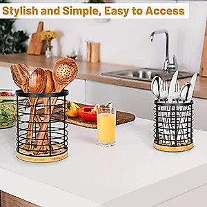Toosci 2 Pcs Kitchen Utensil Holder - Stainless Steel and Bamboo Utensil Holder for Kitchen Counter, Large Spoon Spatula Holder for Kitchen Organizer（XL+L