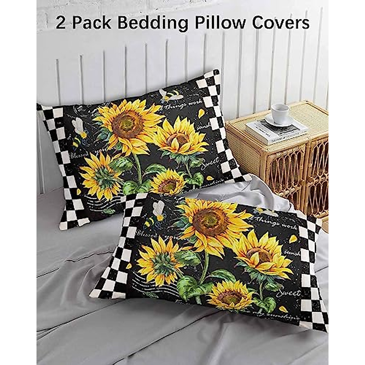 Sunflower Pillow Covers Standard Size Set of 2 20x26 Bed Pillow, Farmhouse Spring Floral Bee Rustic Black White Plaid Plush Soft Comfort for Hair/ Skin Cooling Pillowcases with Envelop Closure