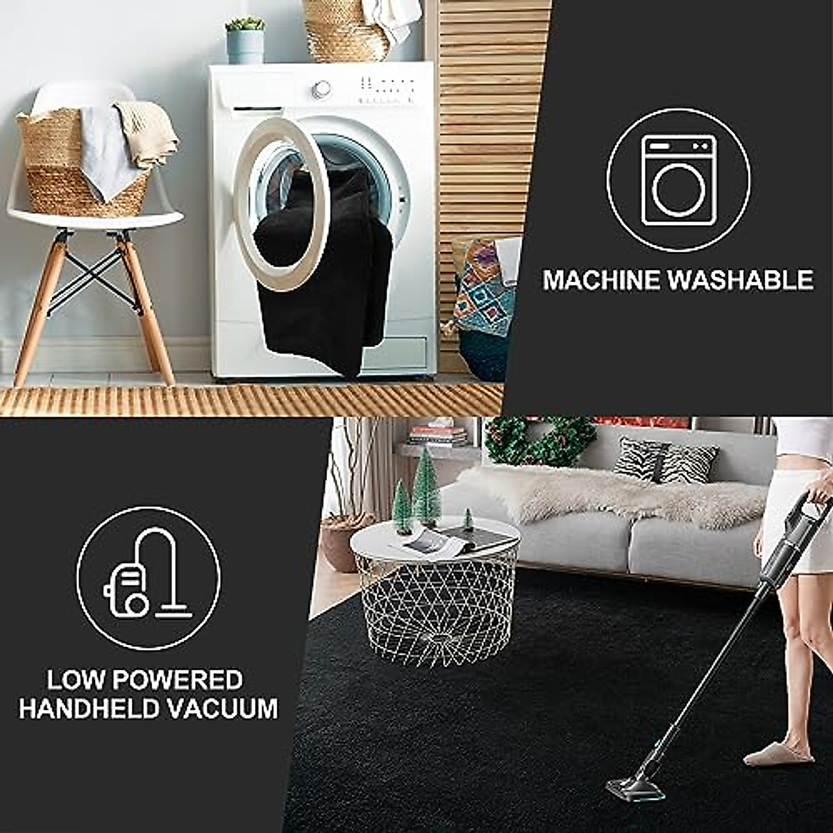 LIVEBOX Fluffy Shaggy Area Rug for Living Room,4x6 Feet Black Shag Washable Rug for Bedroom, Non Shedding and Non Slip Nursery Rug for Kids Baby,Faux Wool Rug Carpet for Teen's Room