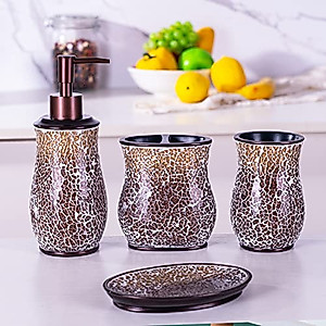 Bathroom Accessories Set 4 Pcs Mosaic Glass Resin Bath Restroom Decor Sets Collection Includes Lotion Soap Dispenser Toothbrush Holder Tumbler Soap Dish Bathroom Vanity Countertop Brown