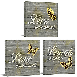 FuShvre 3 Piece Live Love Laugh Wall Art Decor Inspirational Quote with Butterfly Canvas Painting Picture Vintage Sign Poster for Office Bathroom Living Room Kitchen Framed 12x12x3pcs