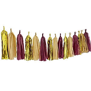 15PCS DIY Tissue Tassel Garland Kit Kraft Burgundy Gold Party Streamers Bunting Banner Backdrop for Wedding Party Bridal Shower Centerpieces Table Decorations