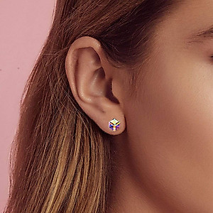 Cube Austrian Crystal Drop Stud Earrings for Women Fashion S925 Sterling Silver Hypoallergenic Jewelry (Rainbow)