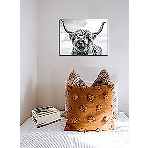 Highland Cow Canvas Print Black and White Highland Cow Wall Art Farmhouse Wall Decor Longhorn Highland Cattle Picture Stretched and Framed Ready to Hang for Living Room Bathroom Decor 12x16inch for fengyuyi