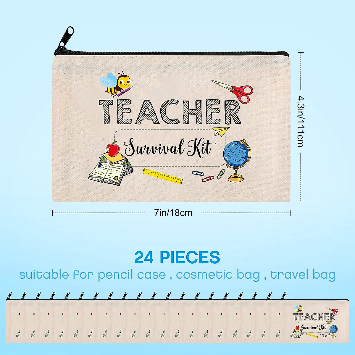 24 Pcs Teacher Appreciation Gift Makeup Bags Teacher Survival Kit Cosmetic Bags Canvas Zipper Pouch Travel Toiletry Case (7.1 x 4.3 Inch) Multicolor