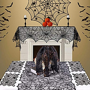 Sunnyglade 8 Pack Halloween Spider Cobweb Lace Tablecloth Set,Fireplace Mantel Scarf & Lace Table Runner & Round Table Cover & Spider Lampshade & Rectangular Placemat for Halloween Party Decorations