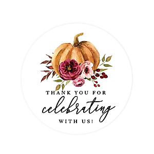 Andaz Press Fall Burgundy Marsala Baby Shower, Round Circle Label Stickers, Thank You For Celebrating With Us, Marsala Pumpkin Floral 40-Pack Fall Thank You Stickers Fall Baby Shower Favors For Guests