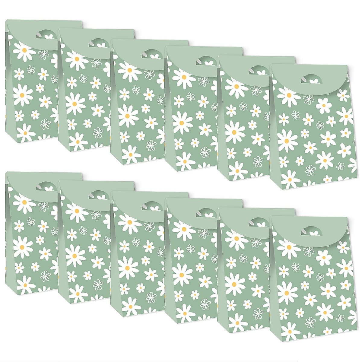 Big Dot of Happiness Sage Green Daisy Flowers - Floral Gift Favor Bags - Party Goodie Boxes - Set of 12