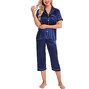 SWOMOG Satin Pajama Set Women Silk Pjs Set Short Sleeve 2 Piece Button Down Sleepwear Lounge Sets Navy Blue