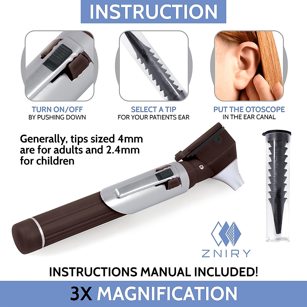 Zniry Fiber Optic Mini Otoscope - Ear Scope with Light, Ear Infection Detector (Chocolate Color) Reguler